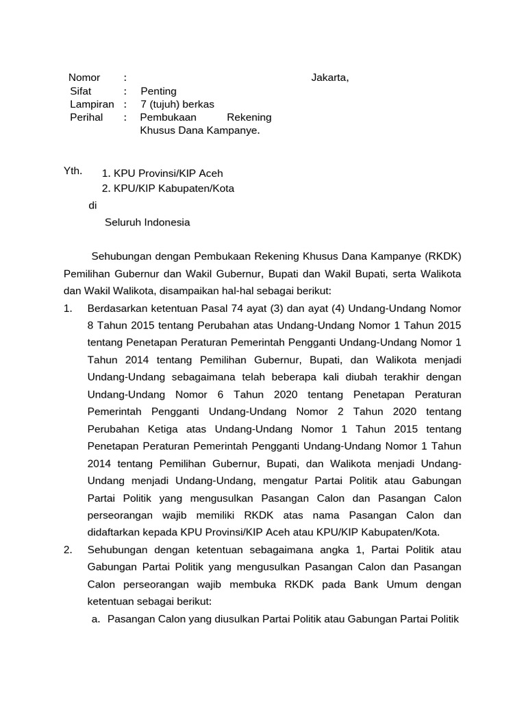 V7. SURAT KETUA Kepada KPUD Terkait RKDK | PDF