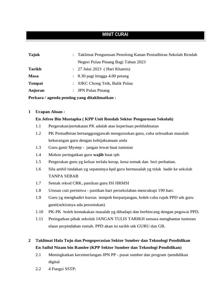 Minit Curai Taklimat Pengurusan PK Pentadbiran | PDF