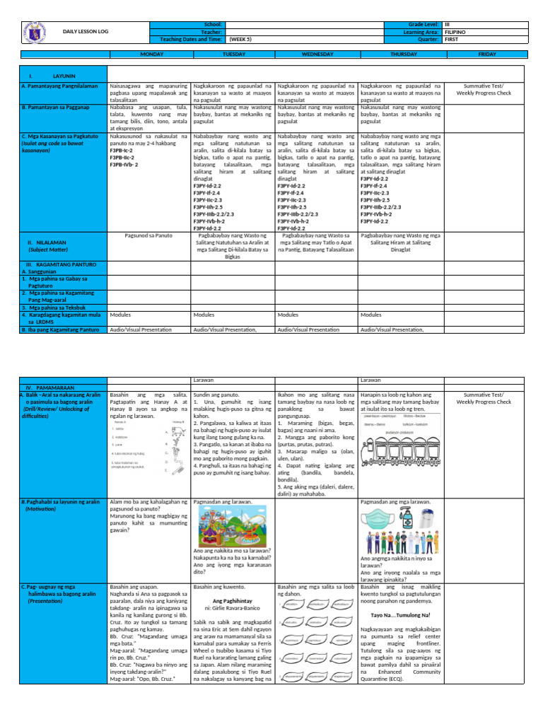 DLL Filipino3 Q1 W5 | PDF