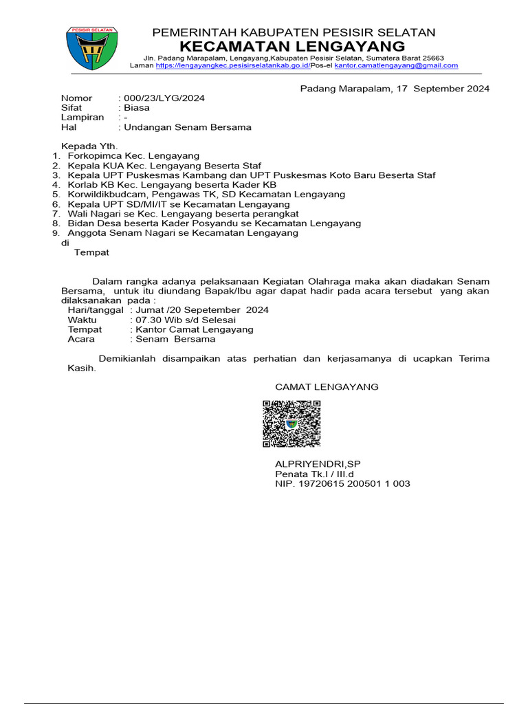 Undangan Senam Bersama Kecamatan Lengayang | PDF