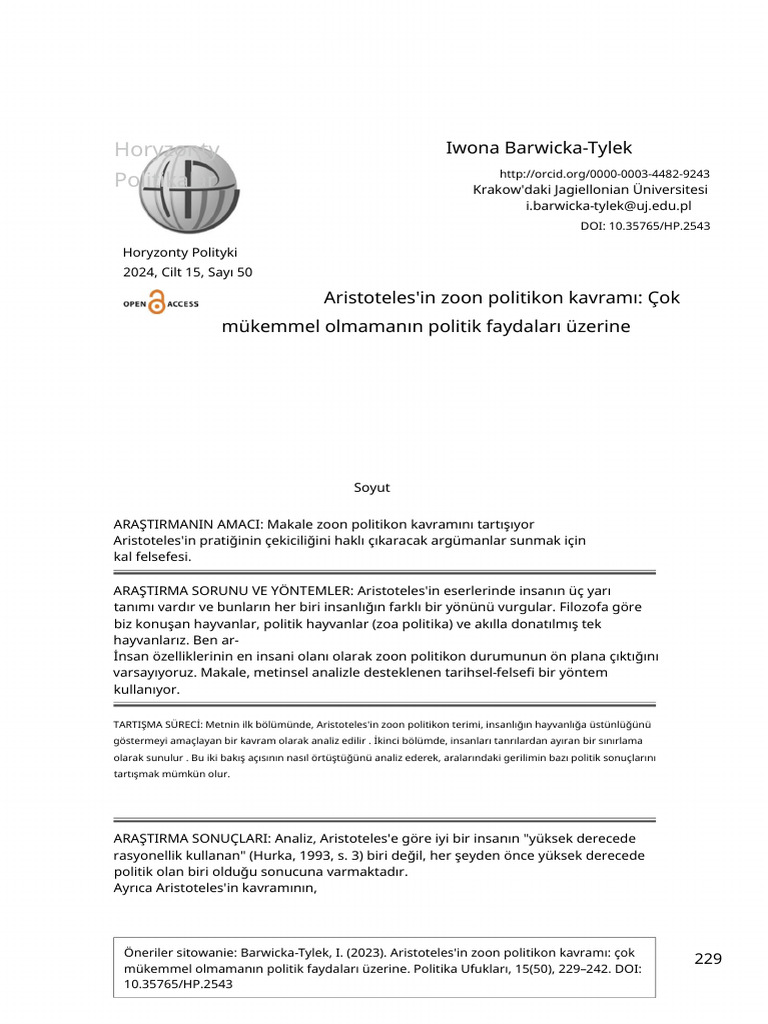 Barwicka-Tylek Aristotles Concept of Zoon Politikon 2024 | PDF