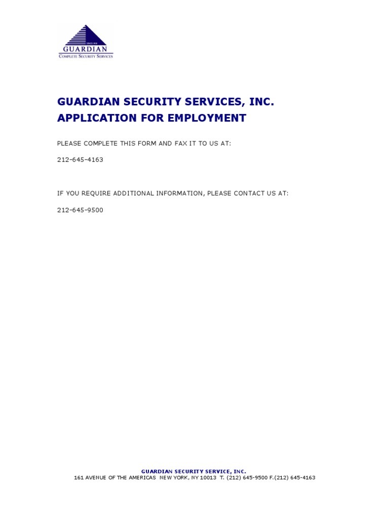 Guardian Security Services, Inc. Application For Employment: Please ...