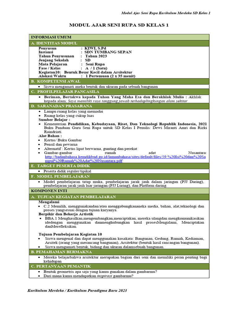 Keg 10 - Seni Rupa Kls 1 | PDF | Karier & Perkembangan | Seni