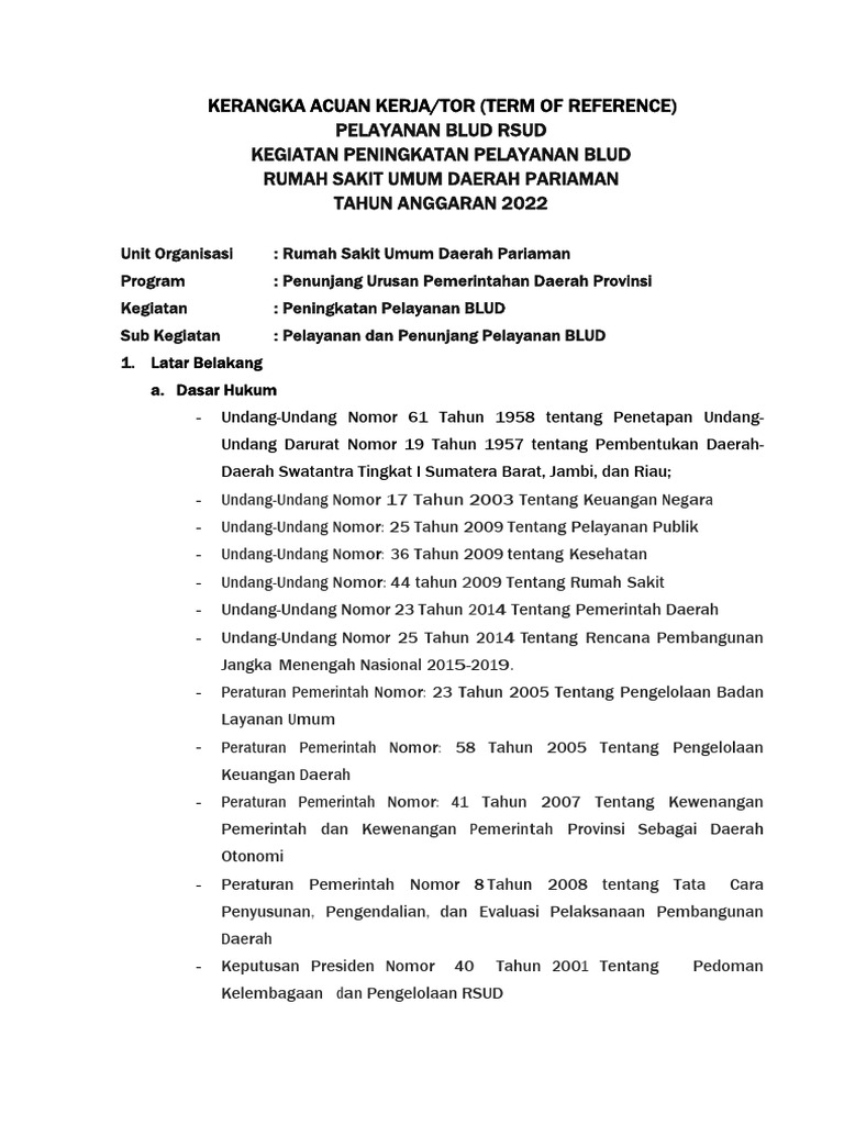 KAK BLUD RSUD PARIAMAN TA 2022 - RSUD Pariaman | PDF | Bisnis