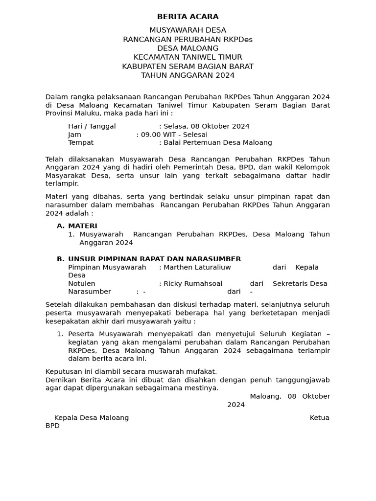 Berita Acara Musyawarah Perubahan RKPDes | PDF