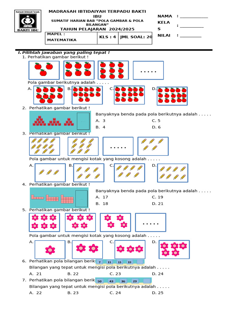 Soal Pola Gambar dan Bilangan Kelas 4 | PDF