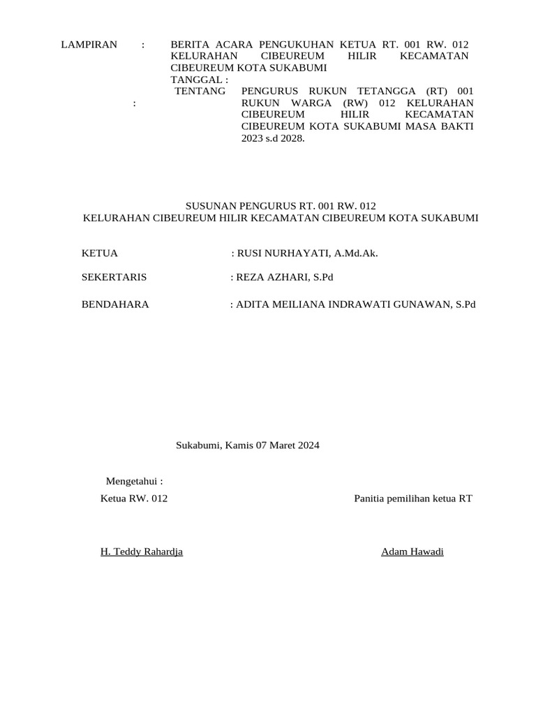 Berita Acara Pengukuhan Ketua RT 001 | PDF