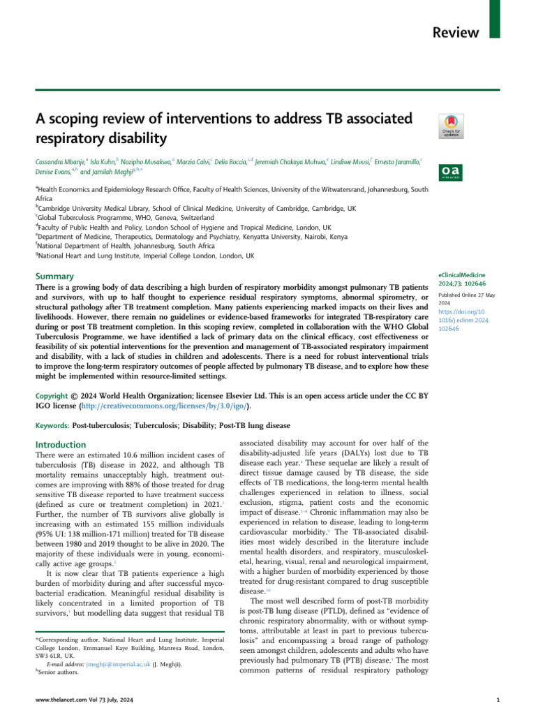 A Scoping Review of Interventions To Address TB Associated Respiratory Disability | PDF ...