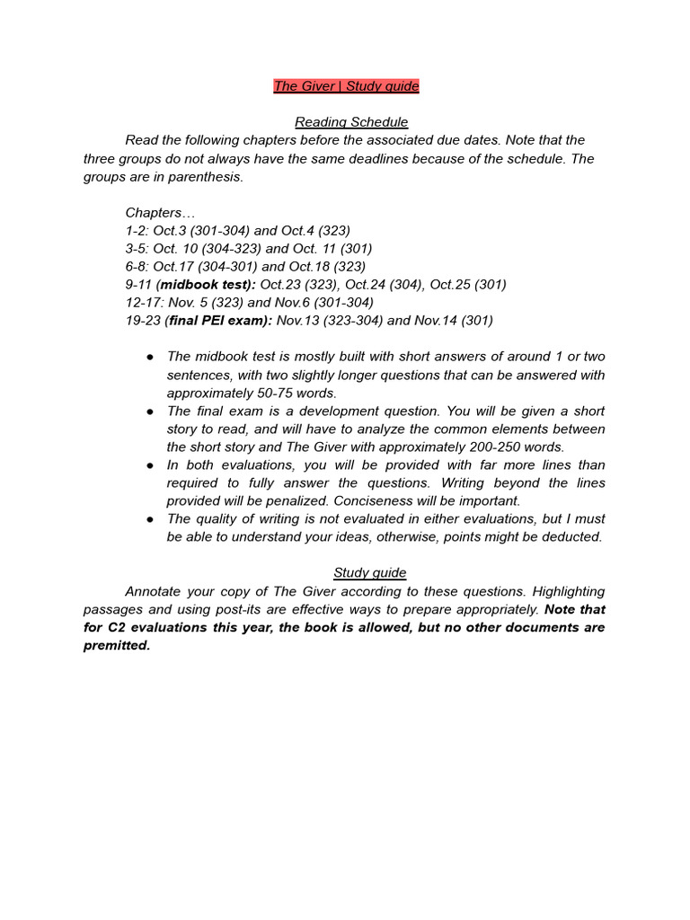 The Giver - Study Guide S-A | PDF | The Giver | Dystopia