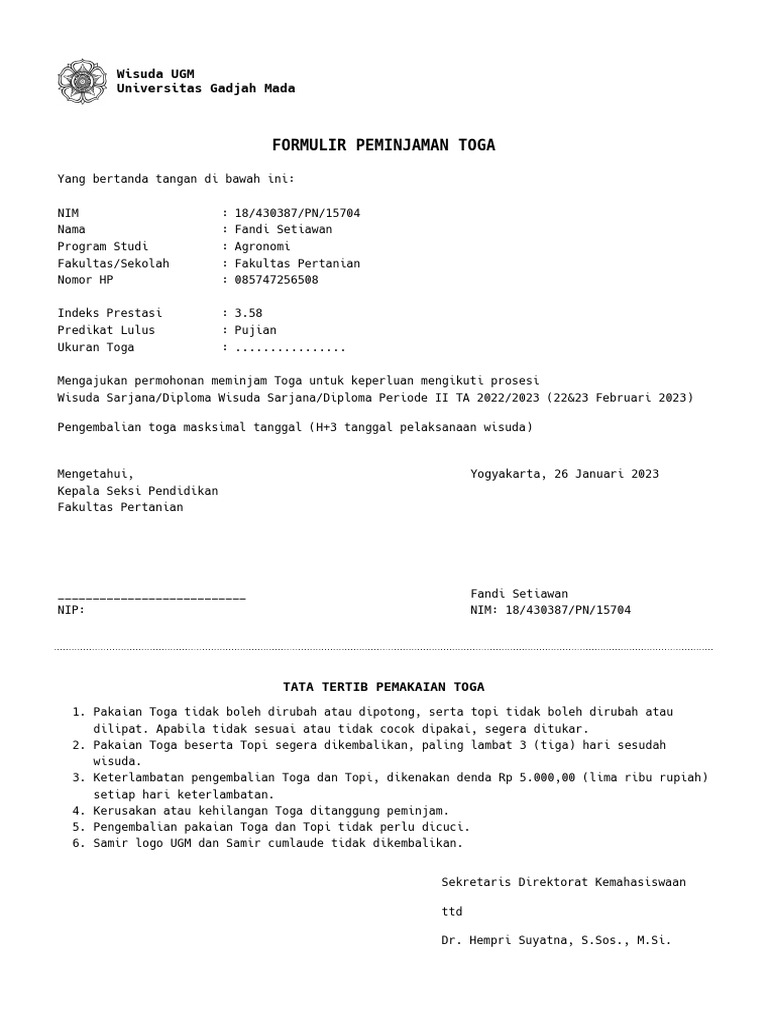 Pengembalian Toga Wisuda UGM | PDF