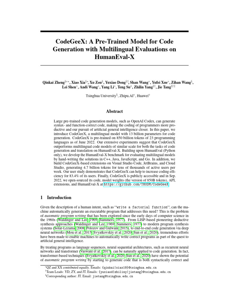 CodeGeeX - A Pre-Trained Model For Code Generation With Multilingual Evaluations On HumanEval-X ...
