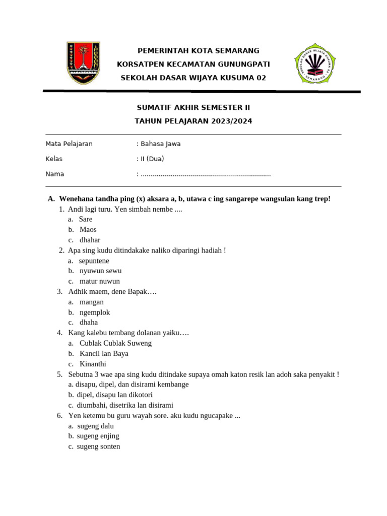 Soal Bahasa Jawa Kelas 2 SD | PDF
