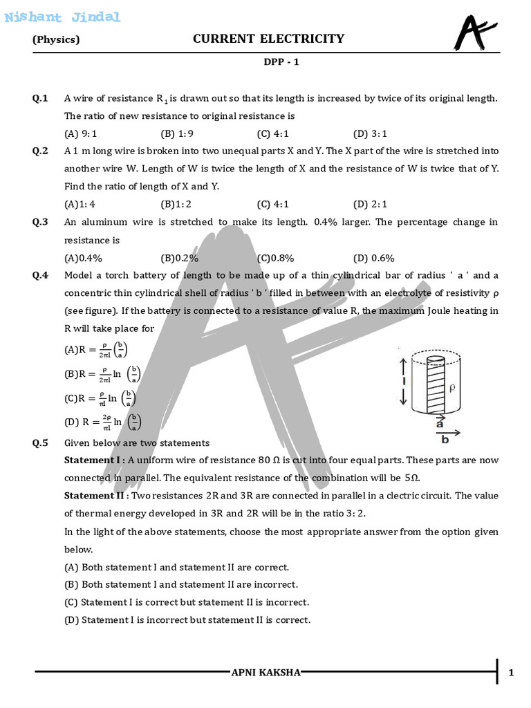Current Electricity Practice Questions | PDF | Electromagnetism ...