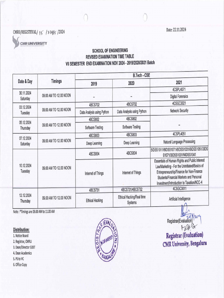 Revised B-tech-cse-Vii-time Table Nov 2024 Examination | PDF