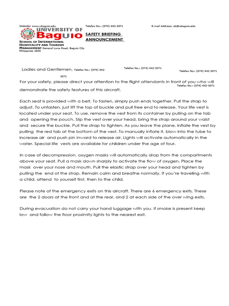 Flight Safety Briefing Announcement | PDF | Equipment