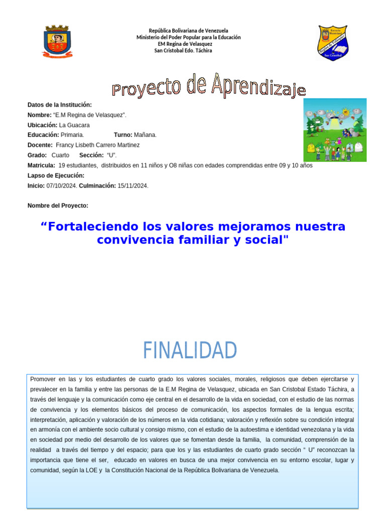 PROYECTO DE VALORES 4TO GRADO - Docx 1 | PDF | Comunicación | Aprendizaje