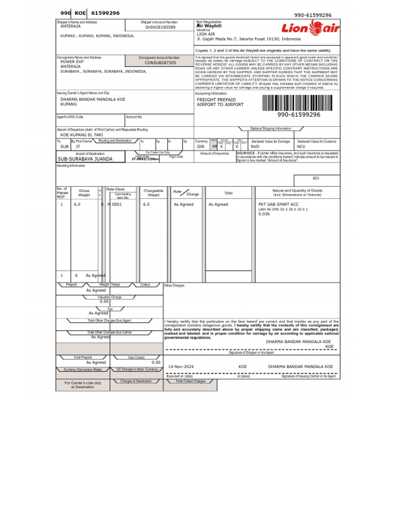 DBM Cargo Surabaya to Kupang Details | PDF