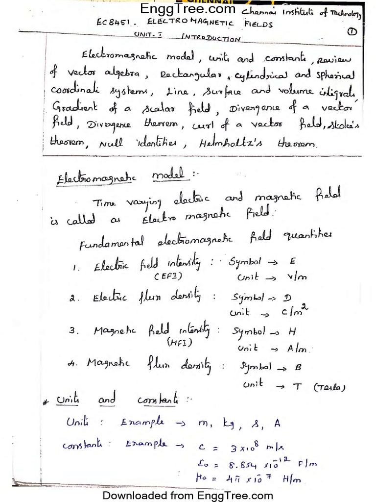EC3452 Electromagnetic Fields Lecture Notes 1 | PDF