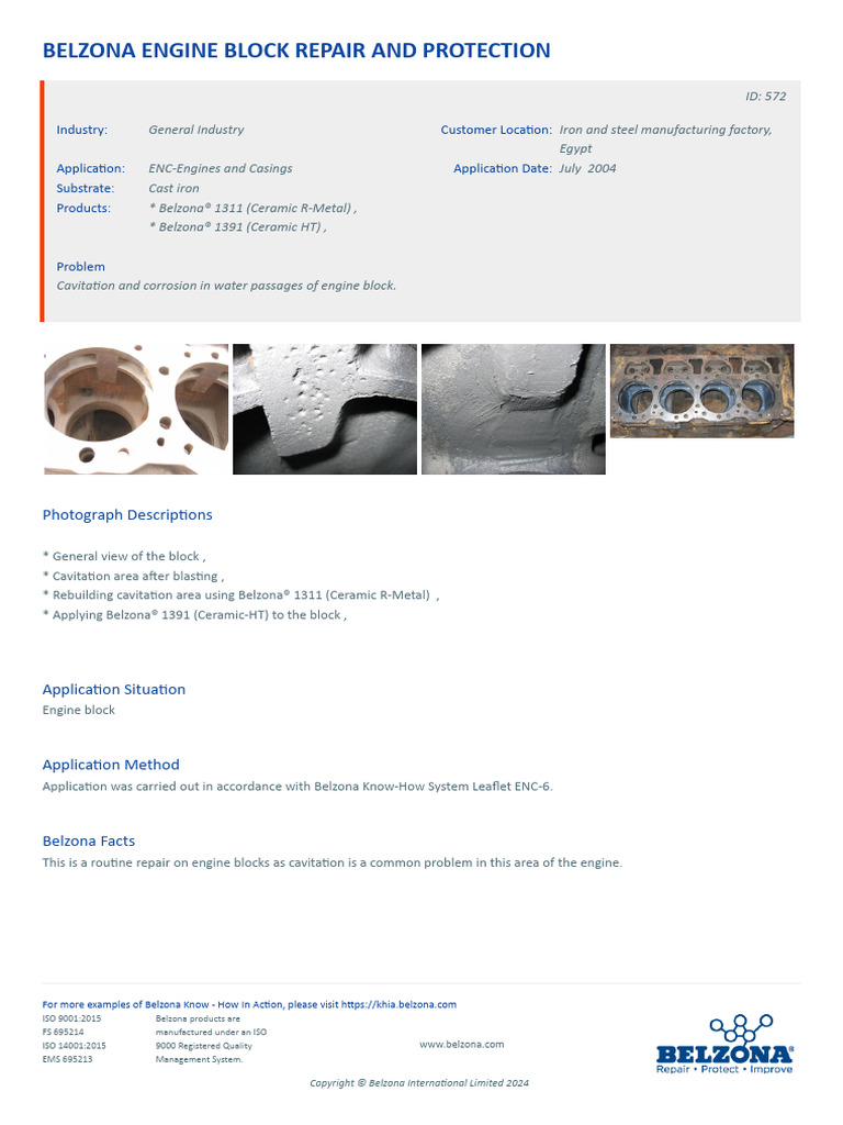 Belzona Engine Block Repair and Protection - 572 | PDF | Technology & Engineering