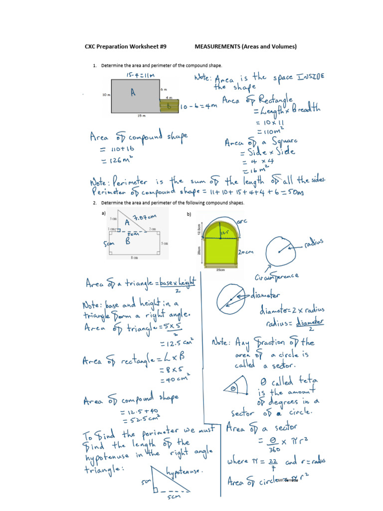 CXC Measurements: Areas & Volumes Worksheet | PDF | Area | Volume