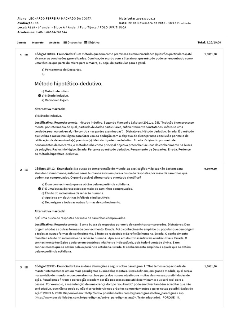 Respostas Prova - A2 Metodologia Científica LEONARDO COSTA 2018-4 | PDF | Raciocínio dedutivo ...