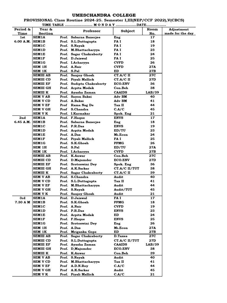Umeschandra College: PROVISIONAL Class Routine 2024-25. Semester I, III (NEP/CCF 2022), V (CBCS ...