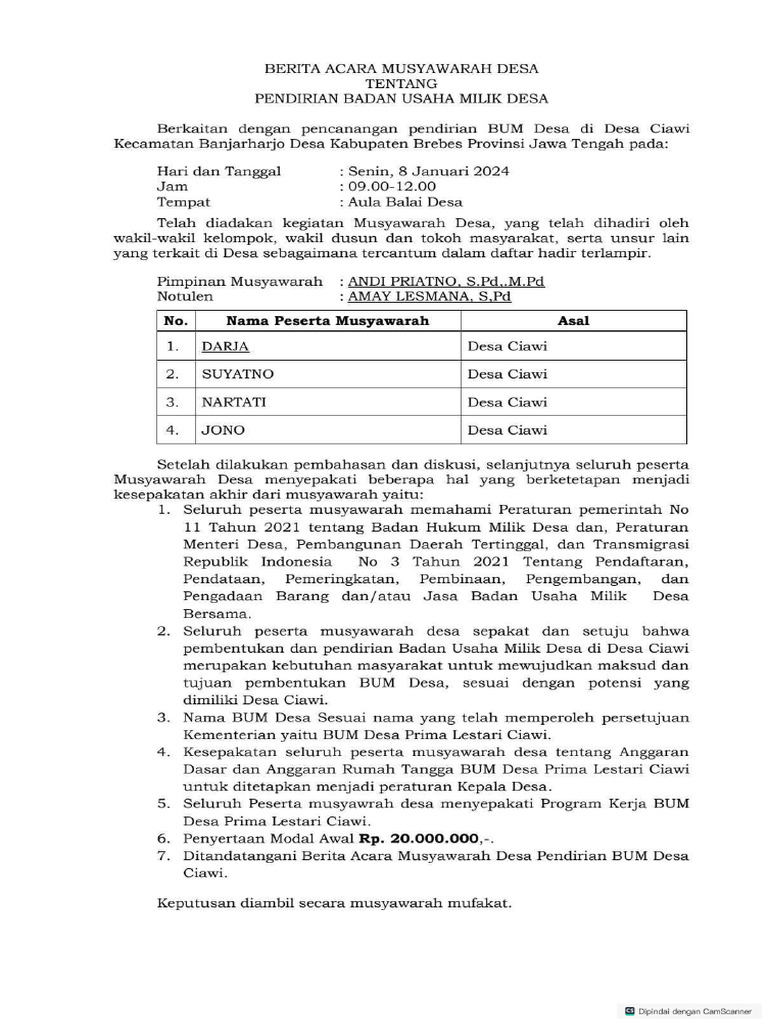 1 BA. Musdes Pendirian BUM Desa Ciawi | PDF