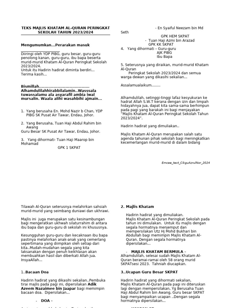 Teks Pengacara Majlis Khatam Al Quran 20232024 | PDF