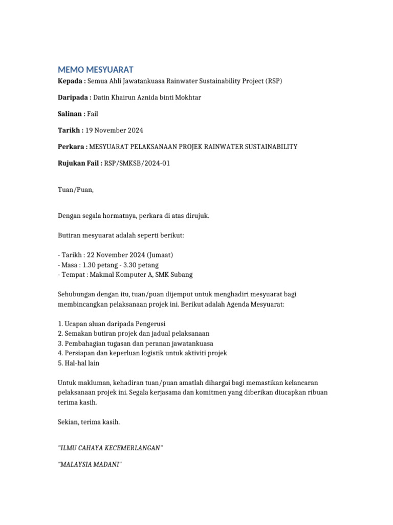 Memo Mesyuarat RSP | PDF