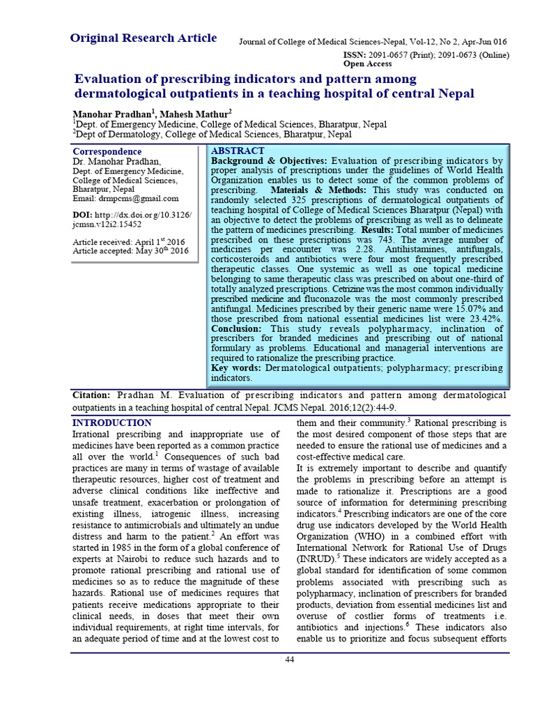 Evaluation of Prescribing Indicators and Pattern A | PDF | Prescription ...