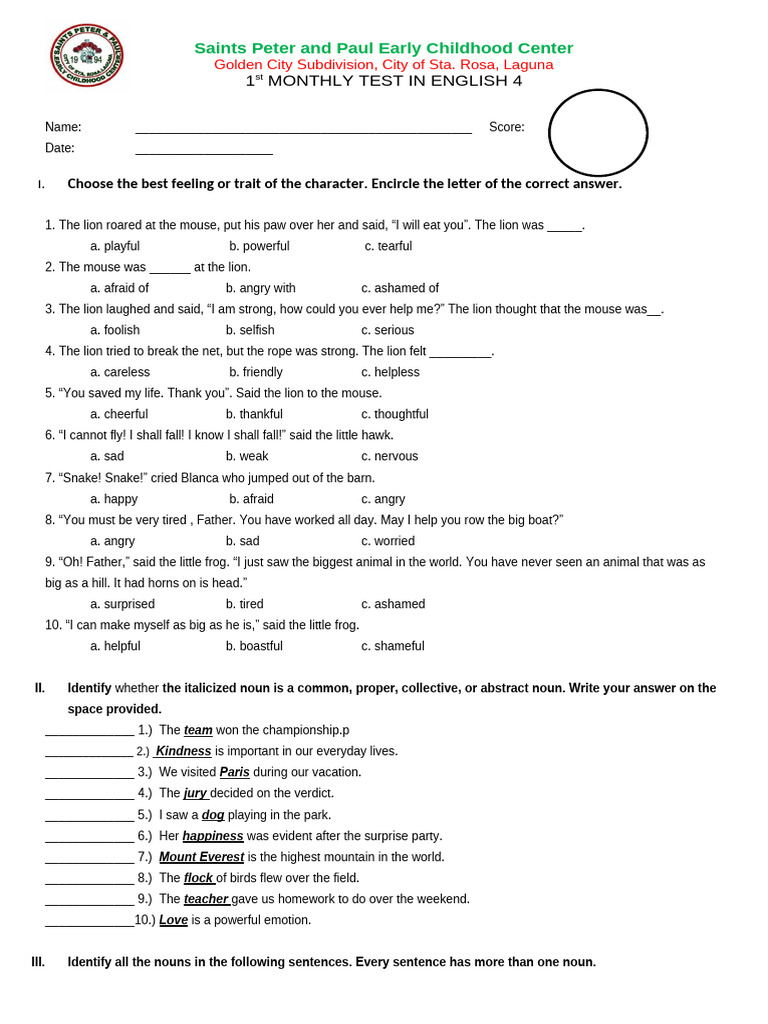 English 4 Monthly Test: Nouns & Feelings | PDF | General Fiction