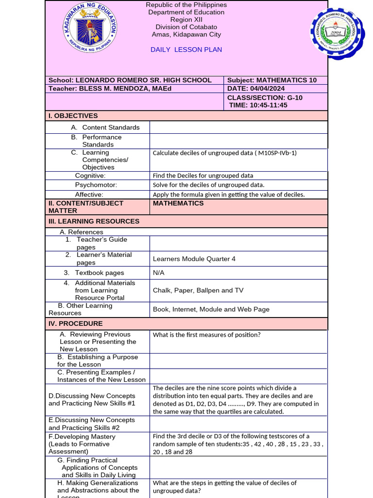 Daily Lesson Plan: Math 10 Deciles | PDF | Learning | Mathematics