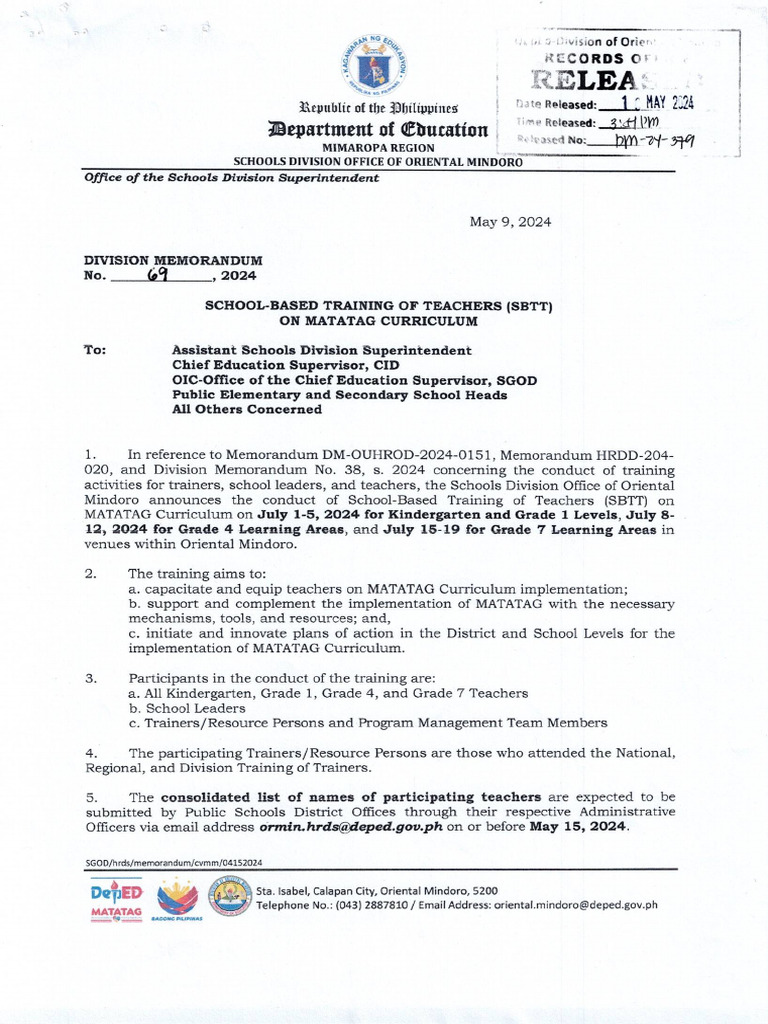 DM 69 - School Based Training of Teachers SBTT On MATATAG Curriculum | PDF