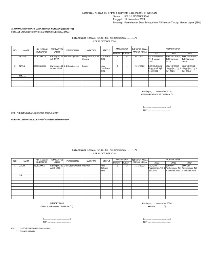 Lampiran Format Data Nominatif Tenaga Non ASN | PDF