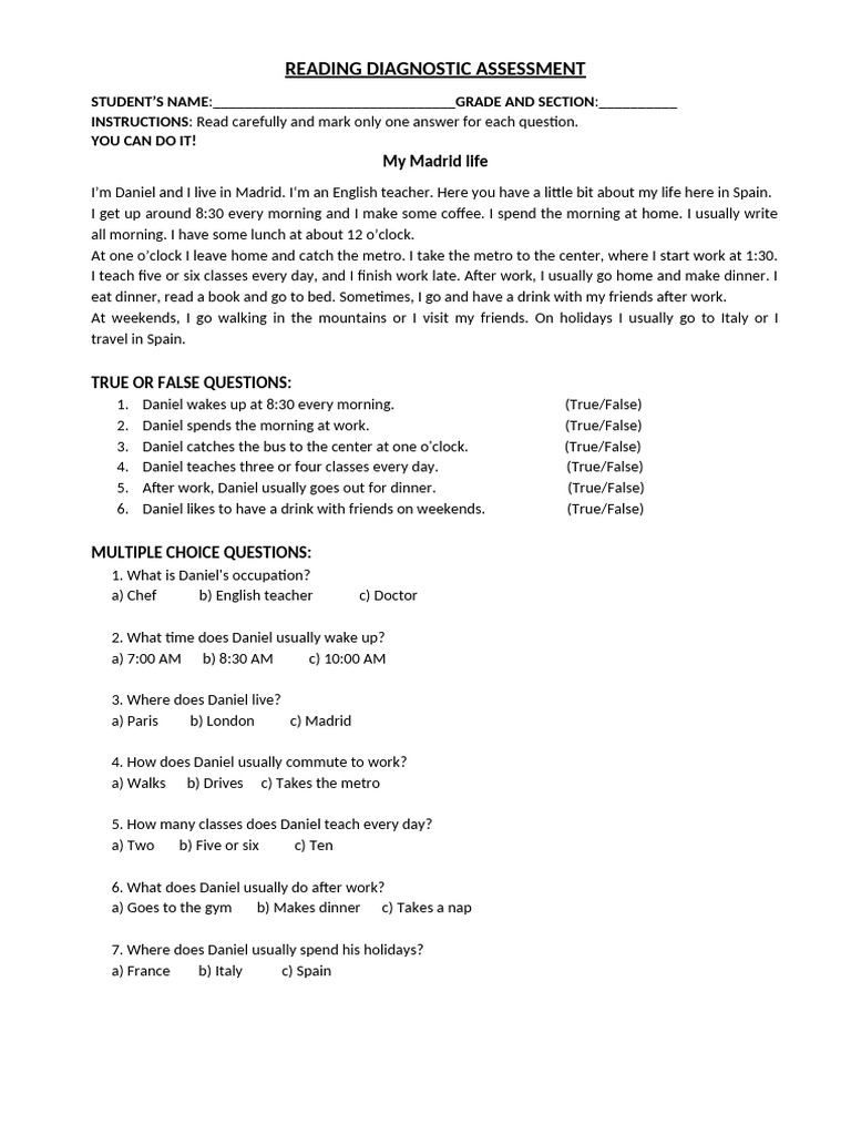 2do - Reading and Writing Diagnostic Assessment | PDF | Linguistics