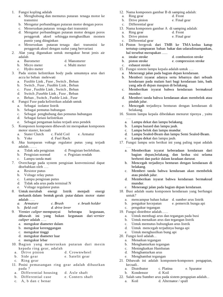 Soal Pilihan Ganda TKR Dan Kunci Jawabannya Kelas XI UAS Semester Genap | PDF