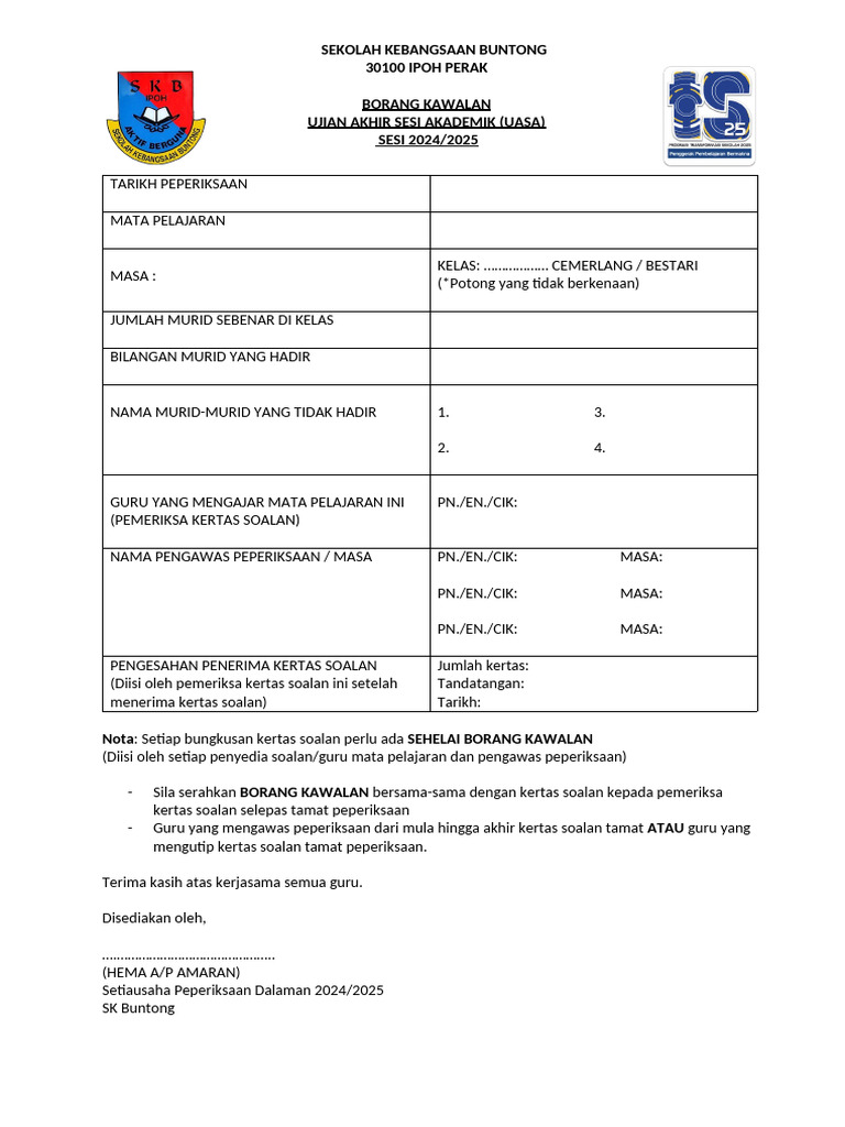 Borang Kawalan Peperiksaan UASA 2024/2025 | PDF