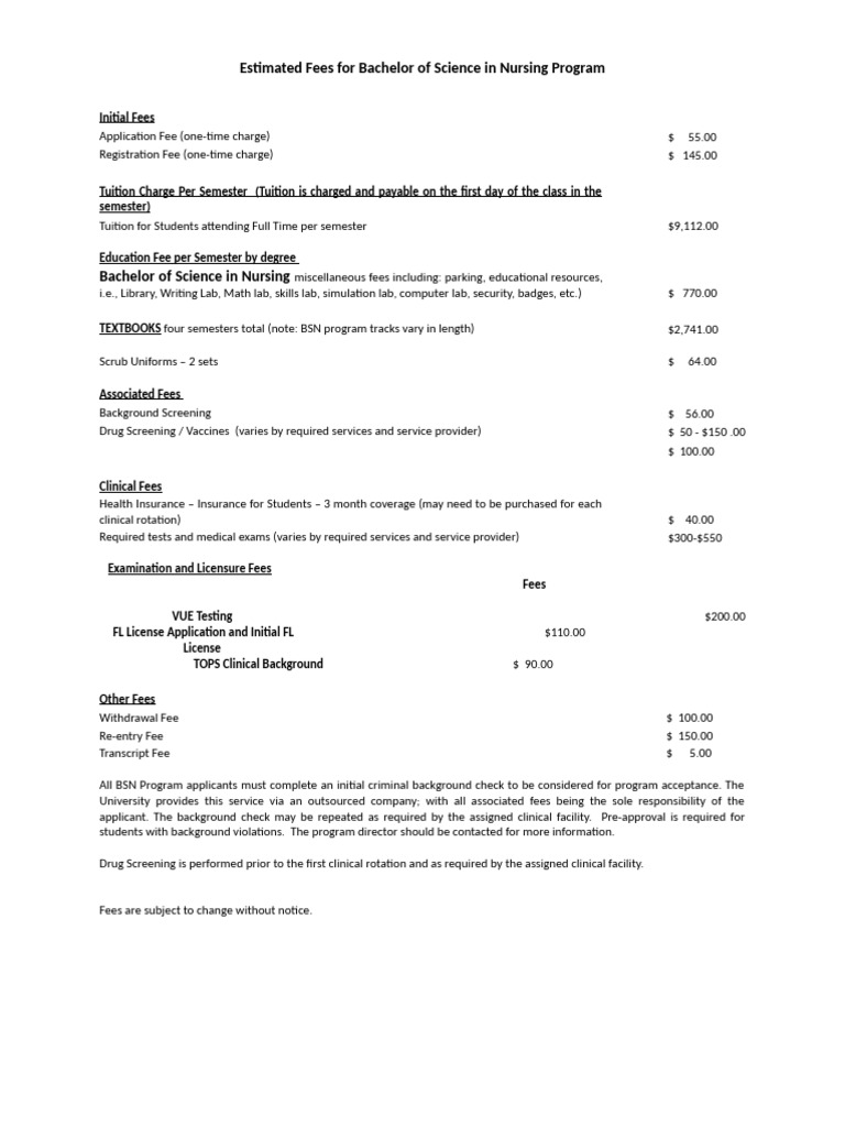 BSN Program Fees & Costs Breakdown | PDF | Nursing | Health Care