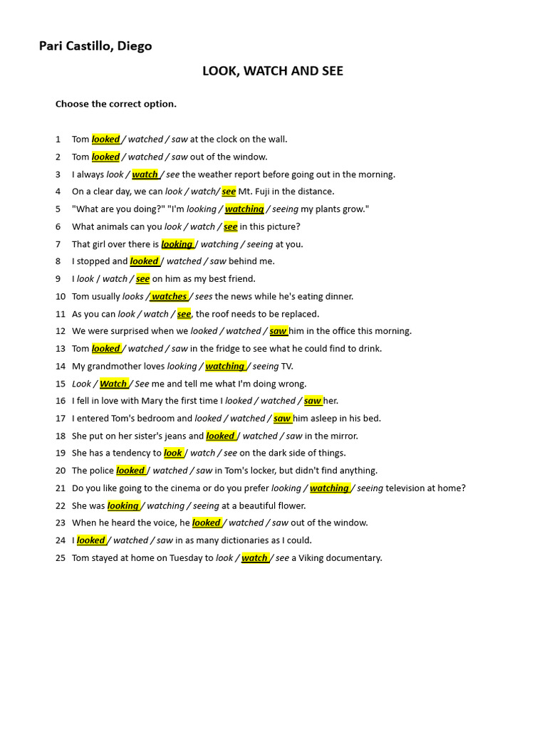Look, Watch, and See Exercises | PDF | Language Arts & Discipline ...