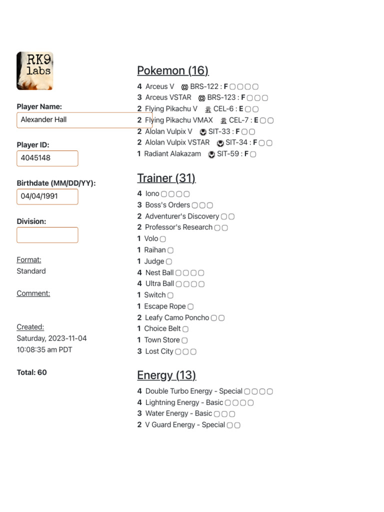 November Deck - Arc Pika Vulpix | PDF
