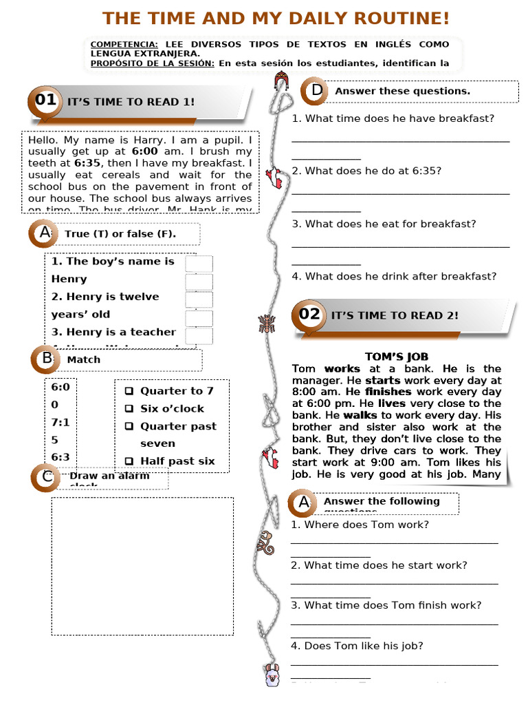 Ficha2 - Und5 - Semana2 - The Time and My Daily Routines | PDF