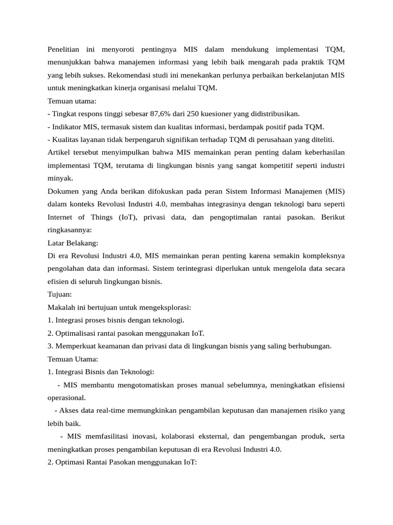 Penelitian Ini Menyoroti Pentingnya MIS Dalam Mendukung Implementasi TQM | PDF