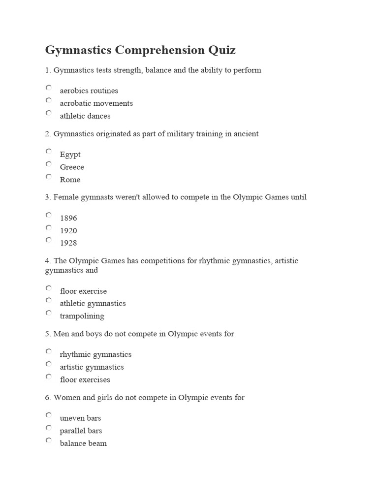 Gymnastics Comprehension Quiz | PDF