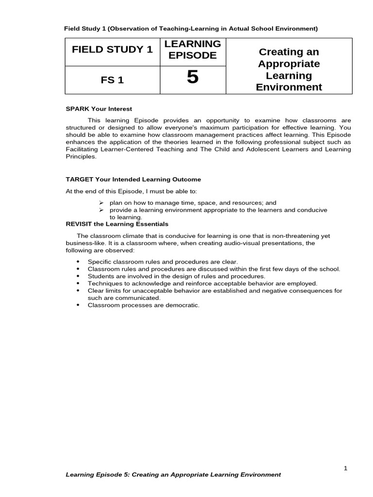 EP5 - FS1 - Creating An Appropriate Learning Environment 1 | PDF ...