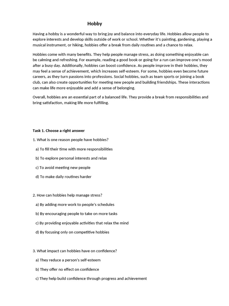Hobby Reading | PDF | Hobbies | Self Esteem