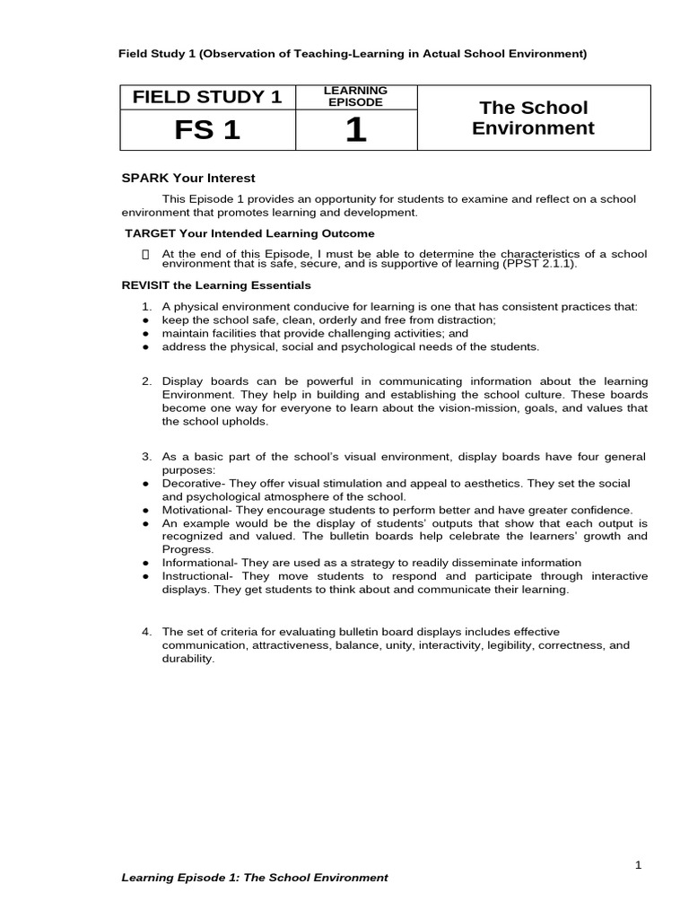 EP1 FS1 The School Environment | PDF | Classroom | Learning