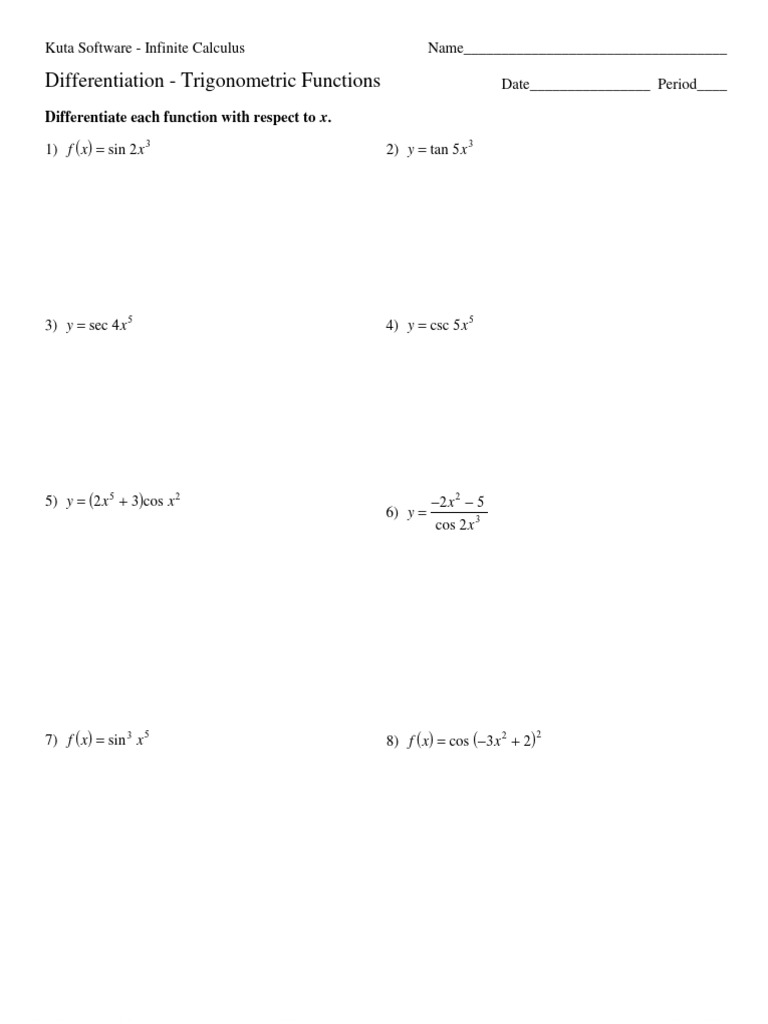 Trigonometric Function Differentiation Worksheet | PDF