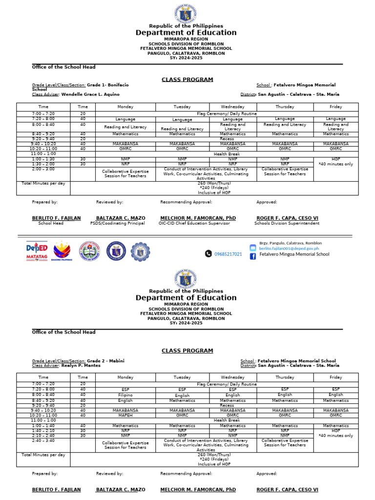FMMS Sample Class Program Matatag | PDF | Philippines