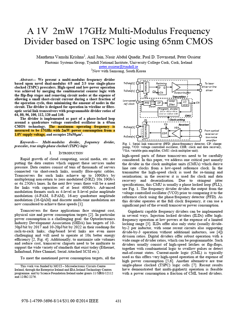 A 1V 2mW 17GHz Multi-Modulus Frequency Divider Based On TSPC Logic Using 65nm CMOS | PDF ...