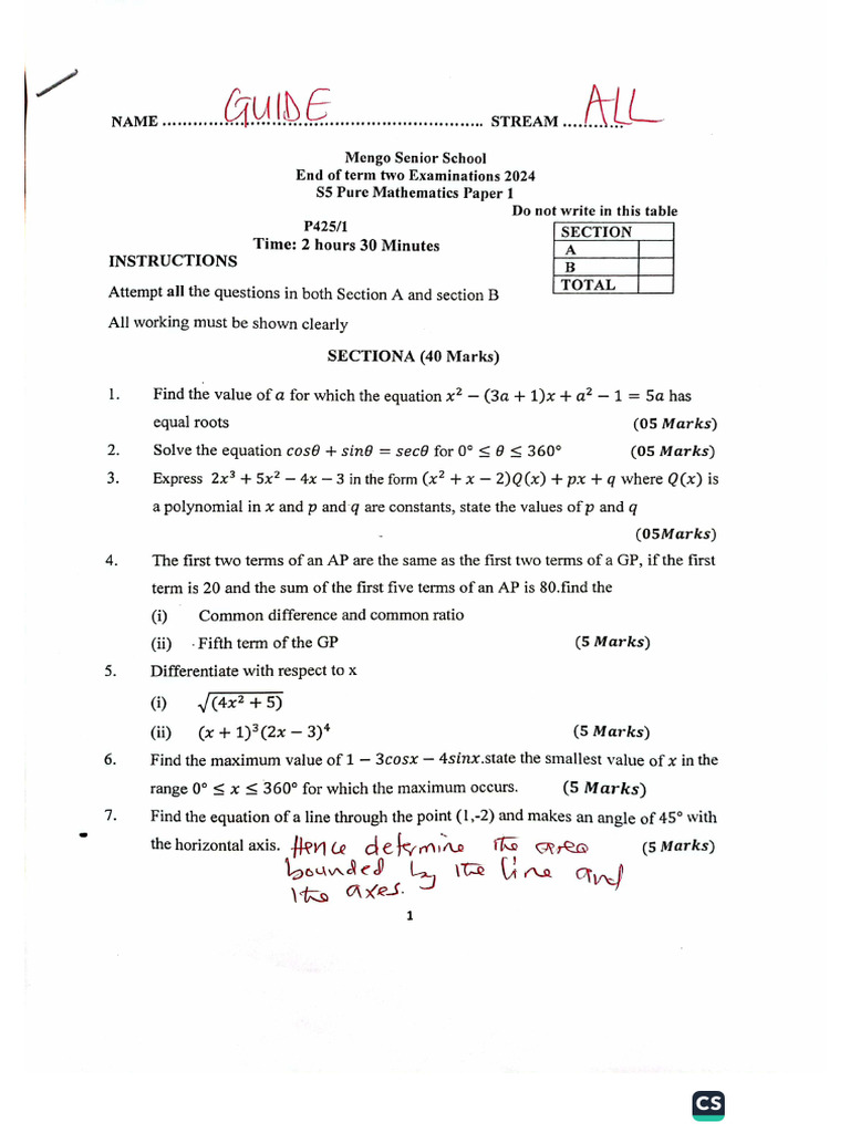 S.5 Eot Math Paper 1 | PDF | Technology & Engineering